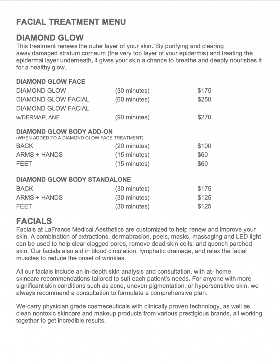 Facial Treatment Menu - LaFrance - Medical Aesthetics Clinic In Central ...